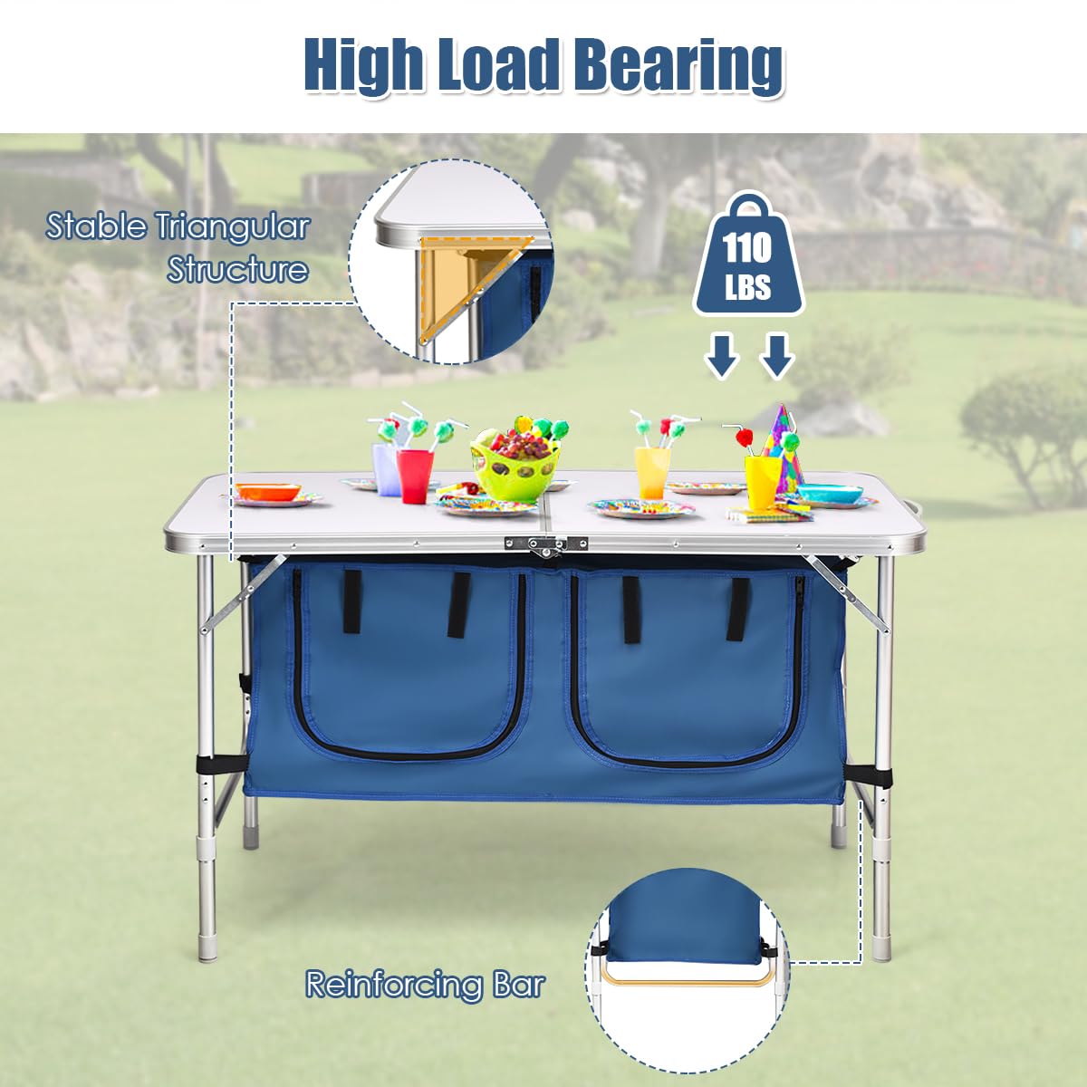Goplus Folding Camping Table with Storage, Aluminum Outdoor Camp Table with 2-Level Adjustable Height, Lightweight Portable Foldable Picnic Table for Tailgating Beach BBQ Party RV
