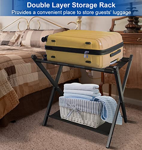Queension Folding Luggage Rack Stand with Shelf for Guest Room, Foldable Metal Suitcase Storage Caddy Holder for Bedroom Hotel Essentials, Black, 1pack