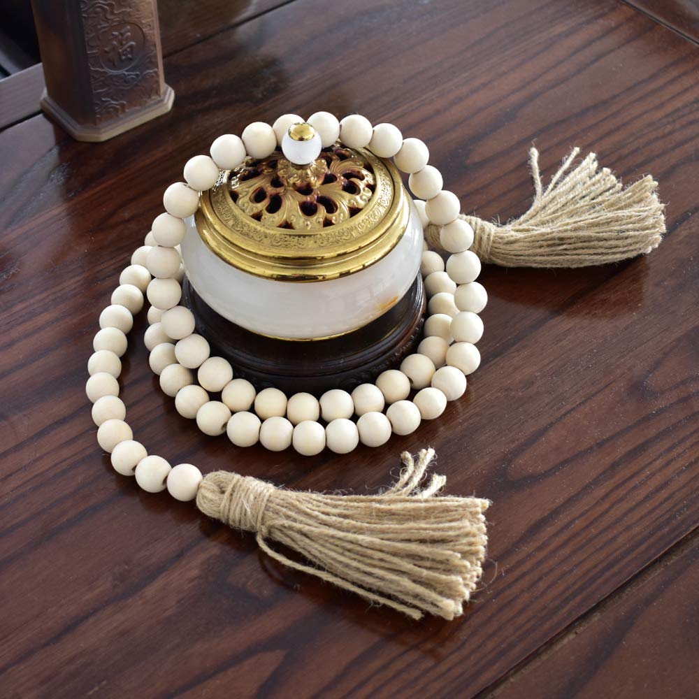 Hagao Farmhouse Beads, Natural Wood Bead Garland Rustic Country Beads with Tassles Wall Hanging Décor 57"