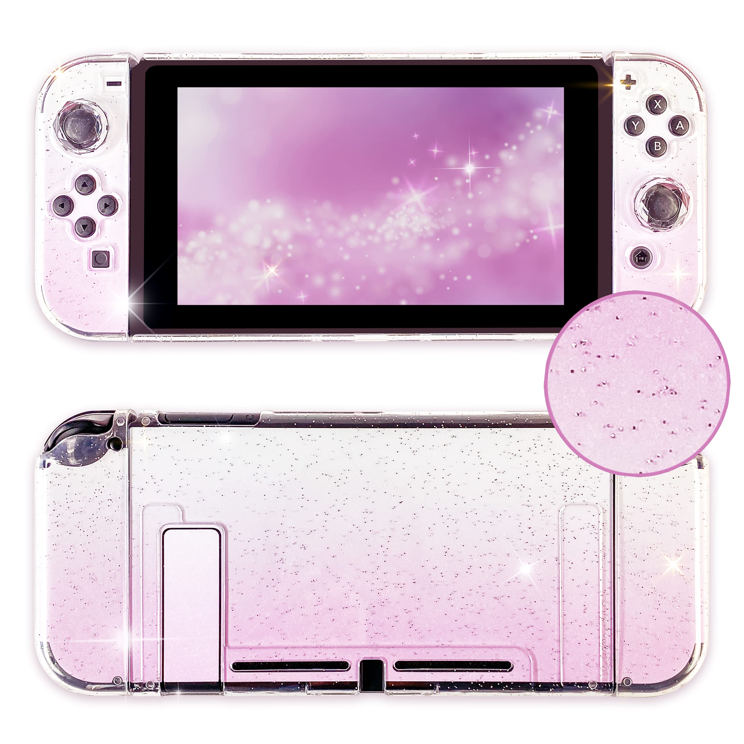 Glitter Switch Bundle | Gradient Shiny Clear Case with Cute Pastel Sticker Wrap Vinyl Decal Crystal Thumb Grips | Compatible with Nintendo Switch (Switch Standard, White Pink)
