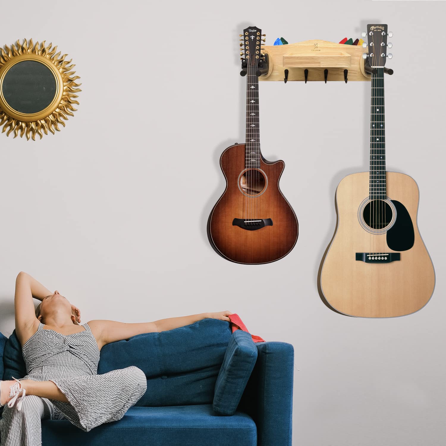 HPGJLEE Guitar Wall Mount, Natural Solid Wood Guitar Hanger with Shelf and Pick, Guitar Wall Holder, Guitar Stand, Guitar Rack