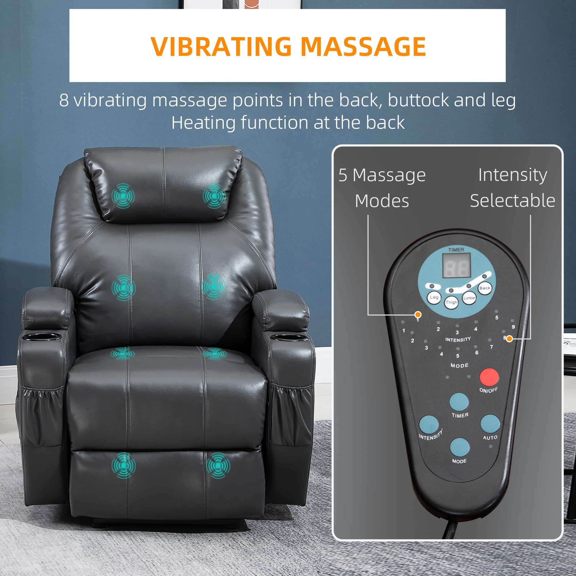 HOMCOM Multi-Pressure-Level Massage Chair with USB Charger, Back and Lumbar Support, Thick Armrests, Faux Leather Recliner Chair, 8-Point Massage Recliner, Charcoal Gray