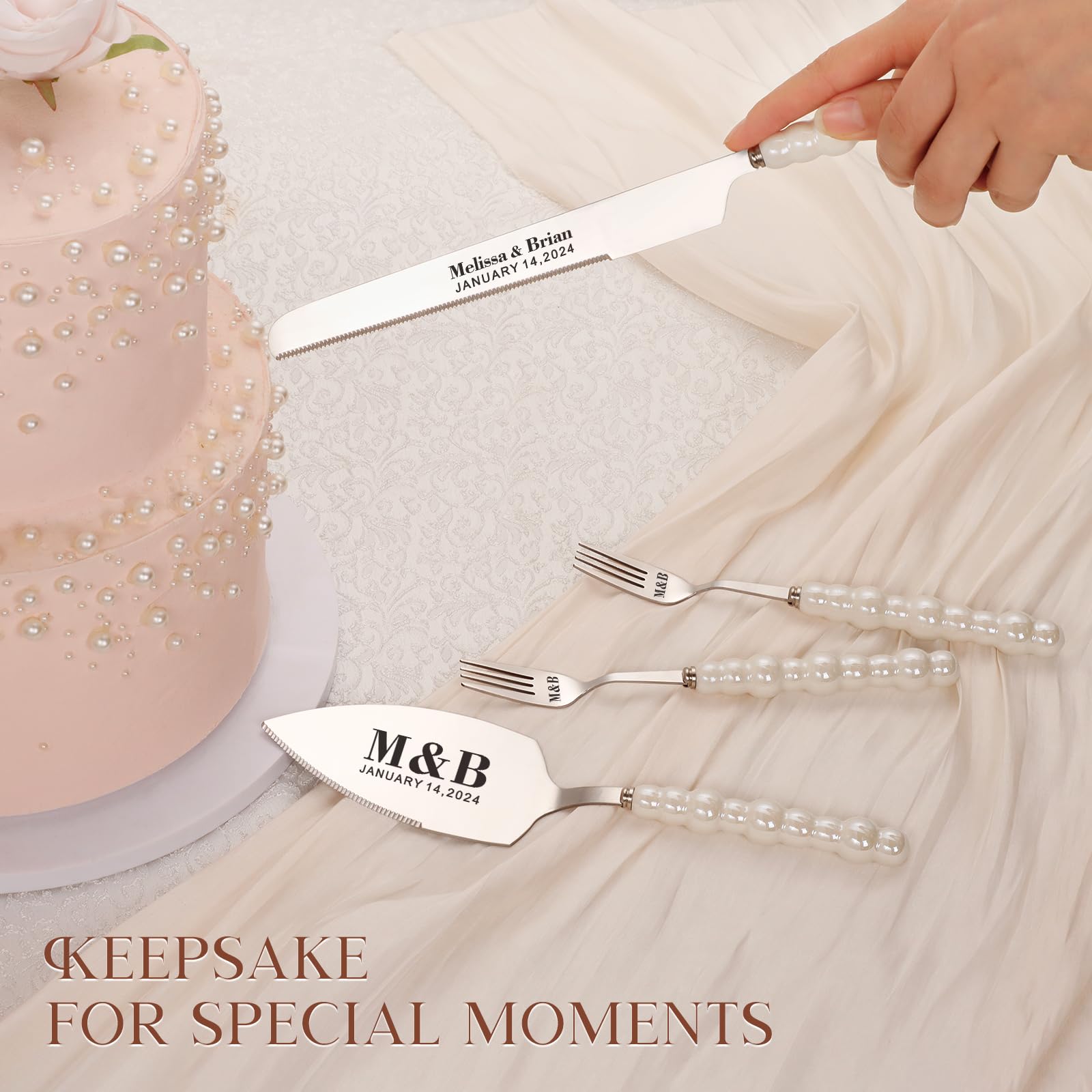 TUKDAK Pearl Wedding Cake Knife and Server Set with Forks, Cake Cutting Set with Stainless Steel Serrated Edges, Silver Pie Cutter Pizza Spatula, Gift for Bridal Couples Engagement (pearl 4pcs)