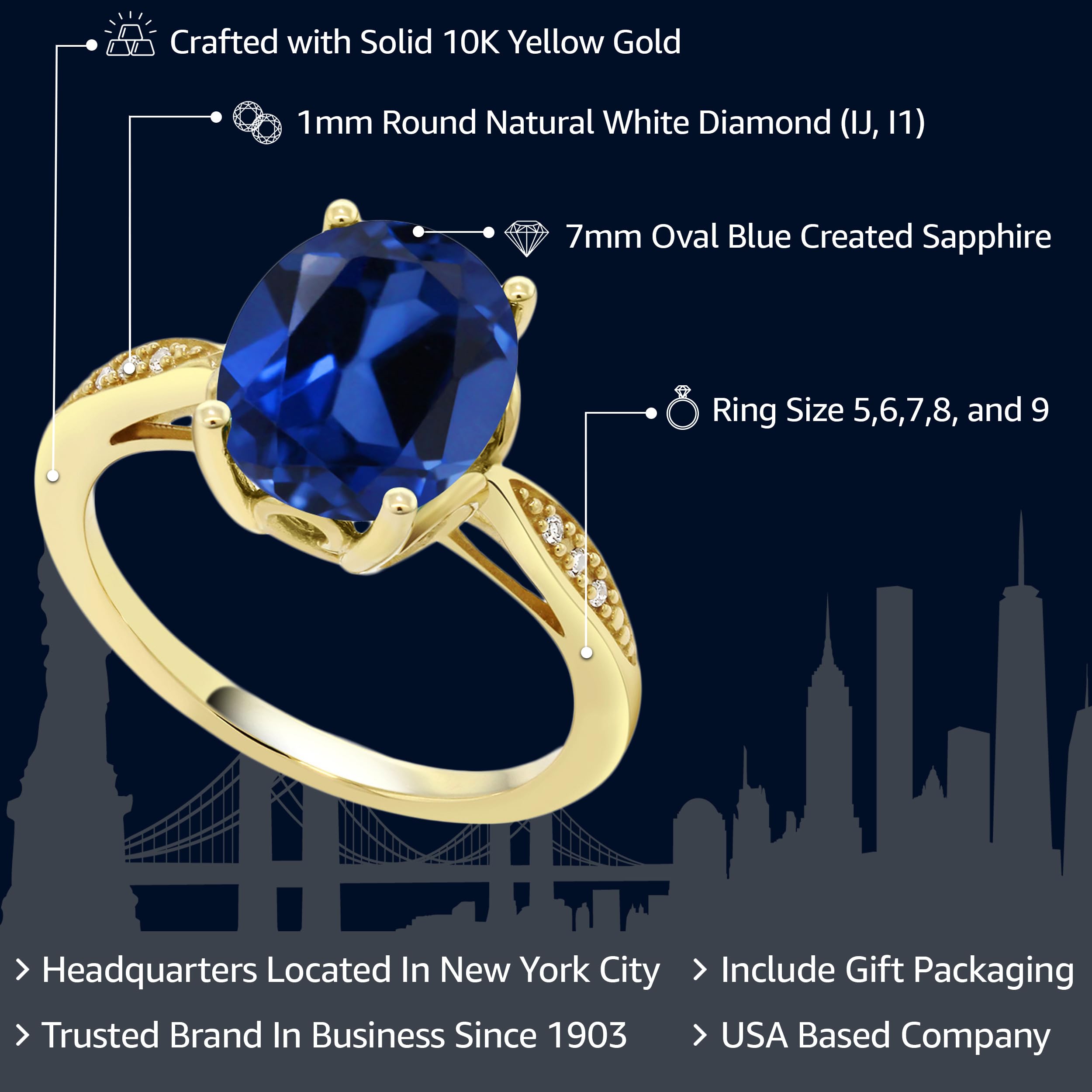 Gem Stone King 14K Yellow Gold 10X8MM Oval Gemstone Birthstone and White Diamond Engagement Ring | Wedding Anniversary Promise Gold Ring For Women | Size 5,6,7,8,9