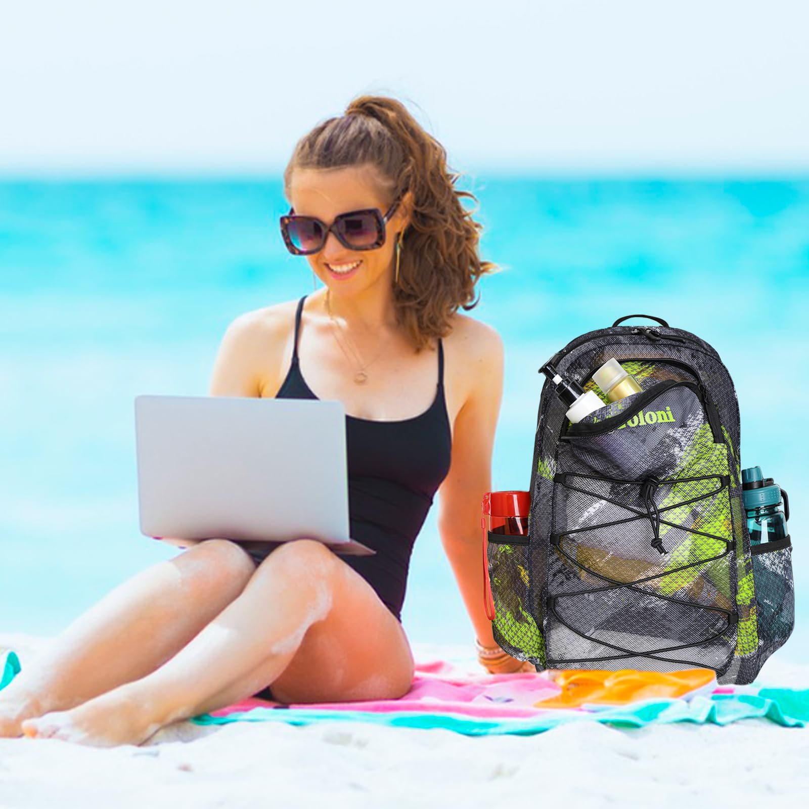 Goloni Swim Bag Lightweight Mesh Beach Bag Quick Dry See Through Backpack For Swimming Beach Gym Workout Gear (Black)