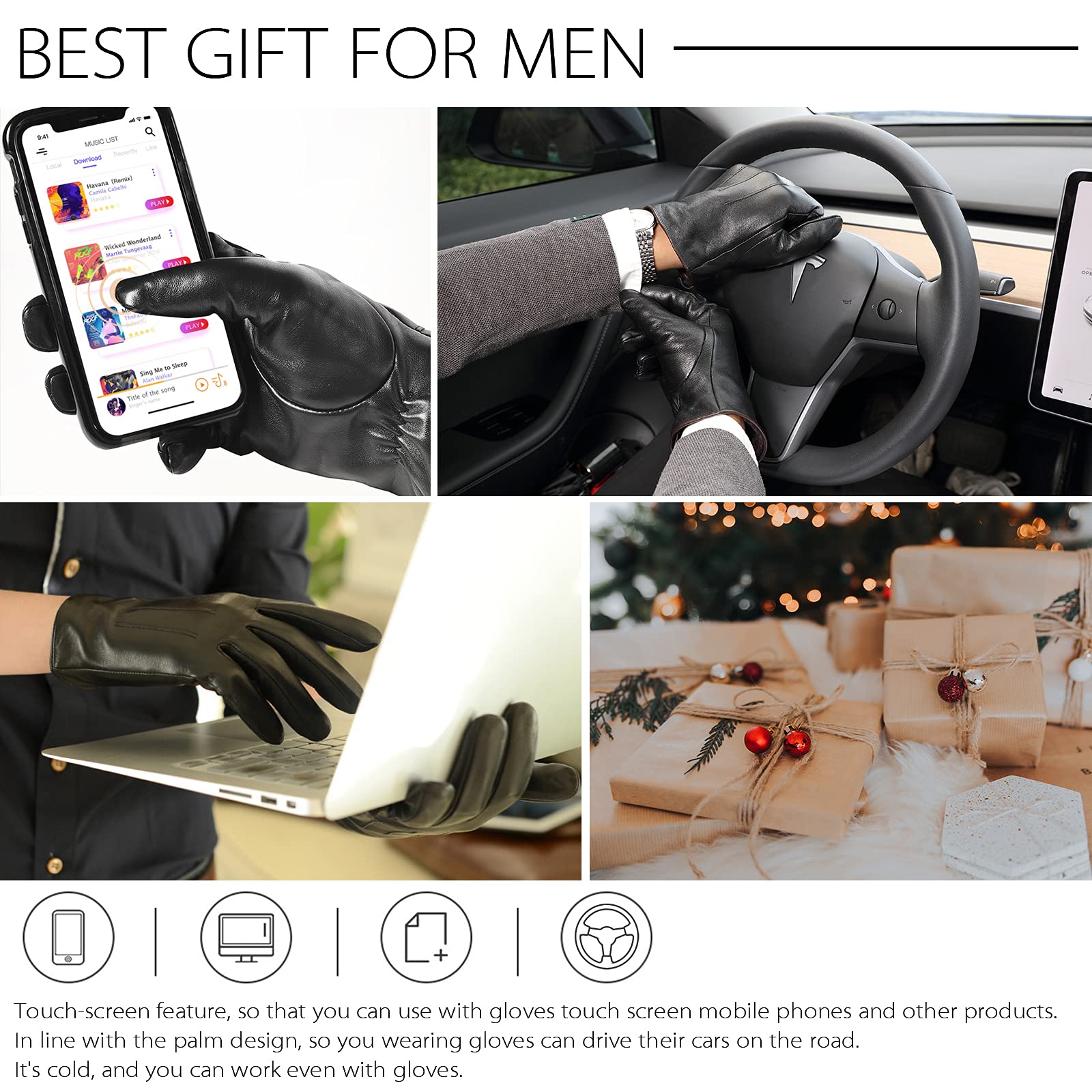 Harrms Leather Gloves for Mens, Full-Hand Touchscreen Mens Warm Cold Weather Gloves for Texting Driving Gift (M-8.5"(US Standard Size), BLACK)