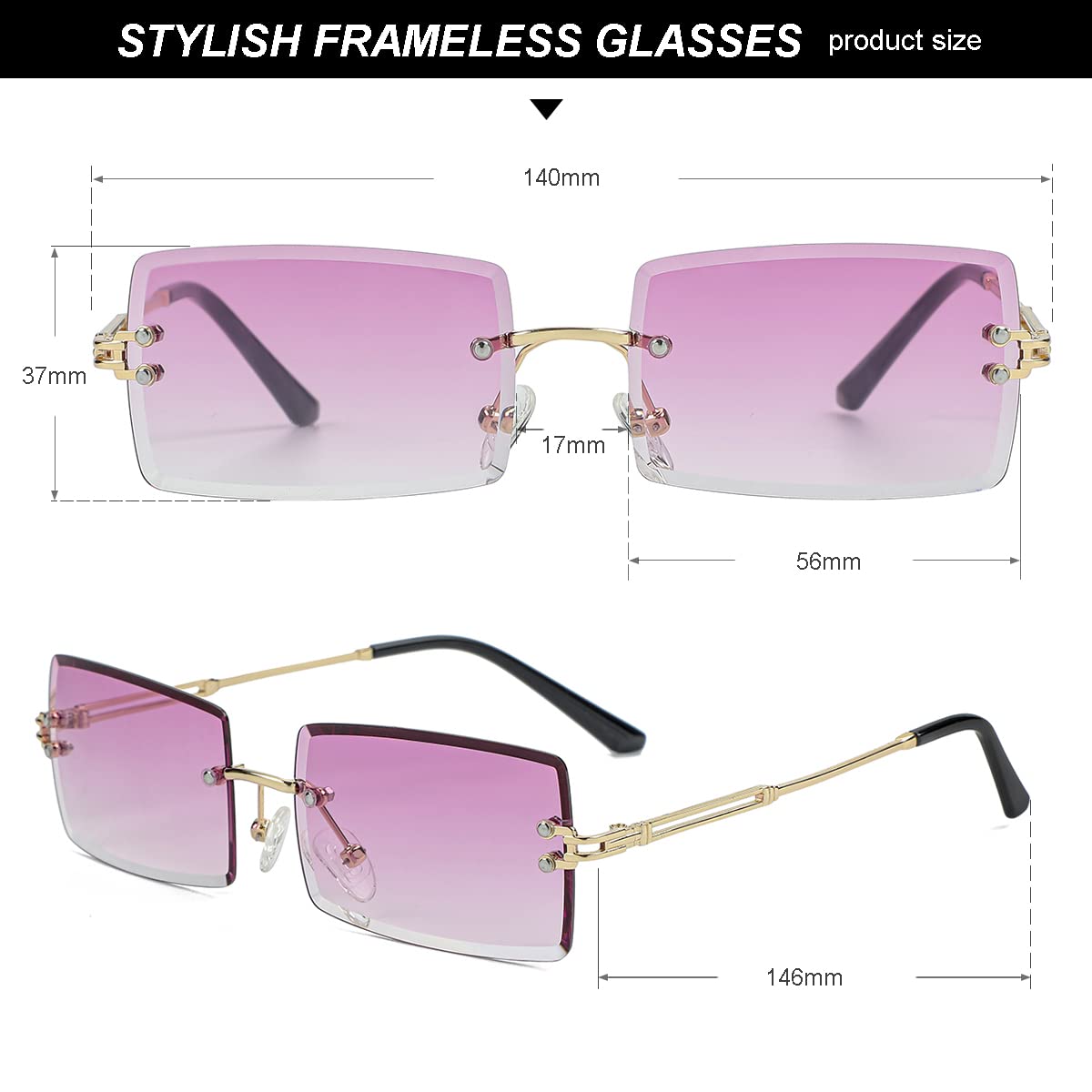 Gleyemor Rimless Rectangle Sunglasses for Women Mens Fashion Vintage Frameless Square Glasses with Gradient Lens (Gradient Purple)