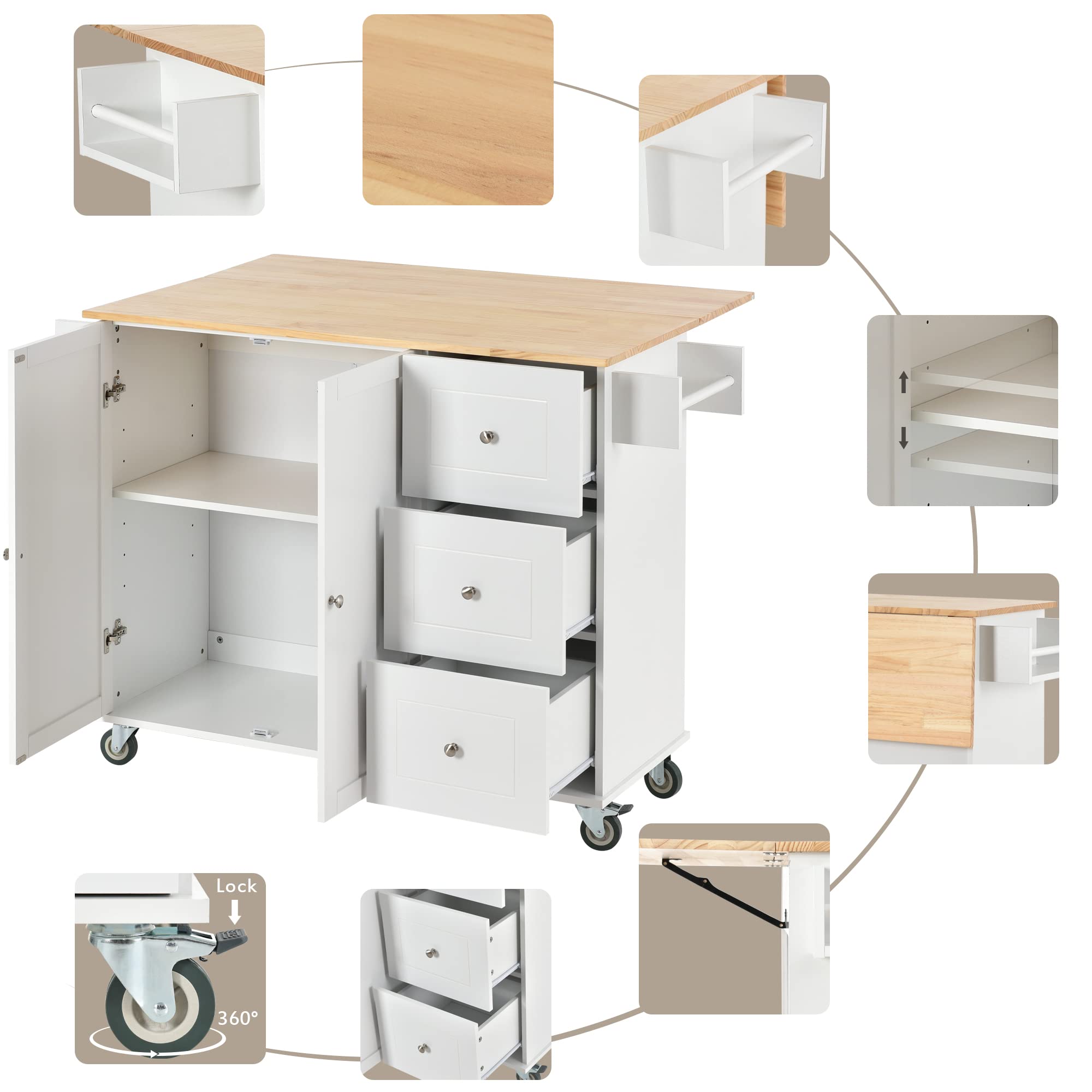 GLANZEND 52.7" Rolling Mobile Kitchen Island Cart with Drop Leaf Wood Top, Adjustable Shelves Coffee Bar Trolley on Lockable Casters & Storage Cabinet & 3 Drawers for Dining Room, White