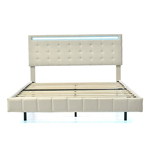 SIYSNKSI Modern Queen Upholstered Platform Bed with LED Lights, Floating Bed Frame with USB Charging and Headboard, Upholstered Platform Bed Frame for Kids Teens Adult Bedroom (Beige-055)