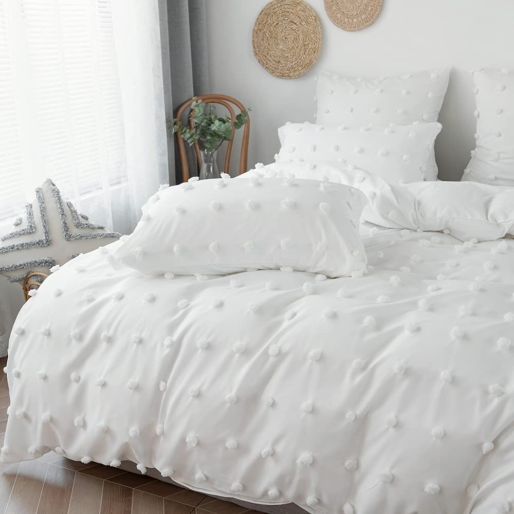 Uthem Tufted Duvet Cover Full Size (79x90 inch),3 Pieces - 1 Jacquard Comforter Cover with 2 Pillowcase,Chenille Dots All Season Soft Washed Microfiber Bedding Set with Zipper Closure,White