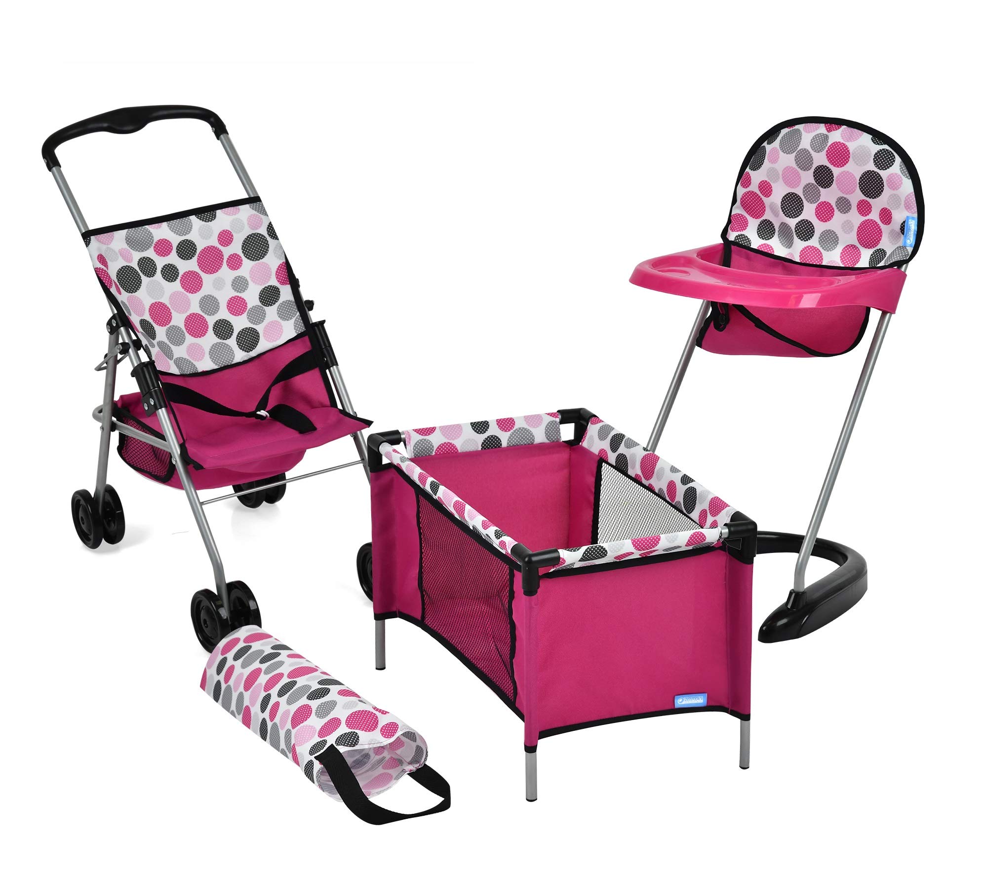 Hauck Pink Dot Doll 3 Piece Doll Stroll and Care Set Includes a Half Folding Stroller, Play Yard and High Chair