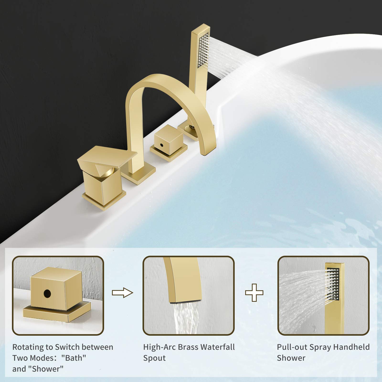 WATHELS Modern 4-Hole Waterfall Brushed Gold Bathtub Faucet Bathroom Roman Tub Filler Solid Brass Tub Faucet with Handheld Shower