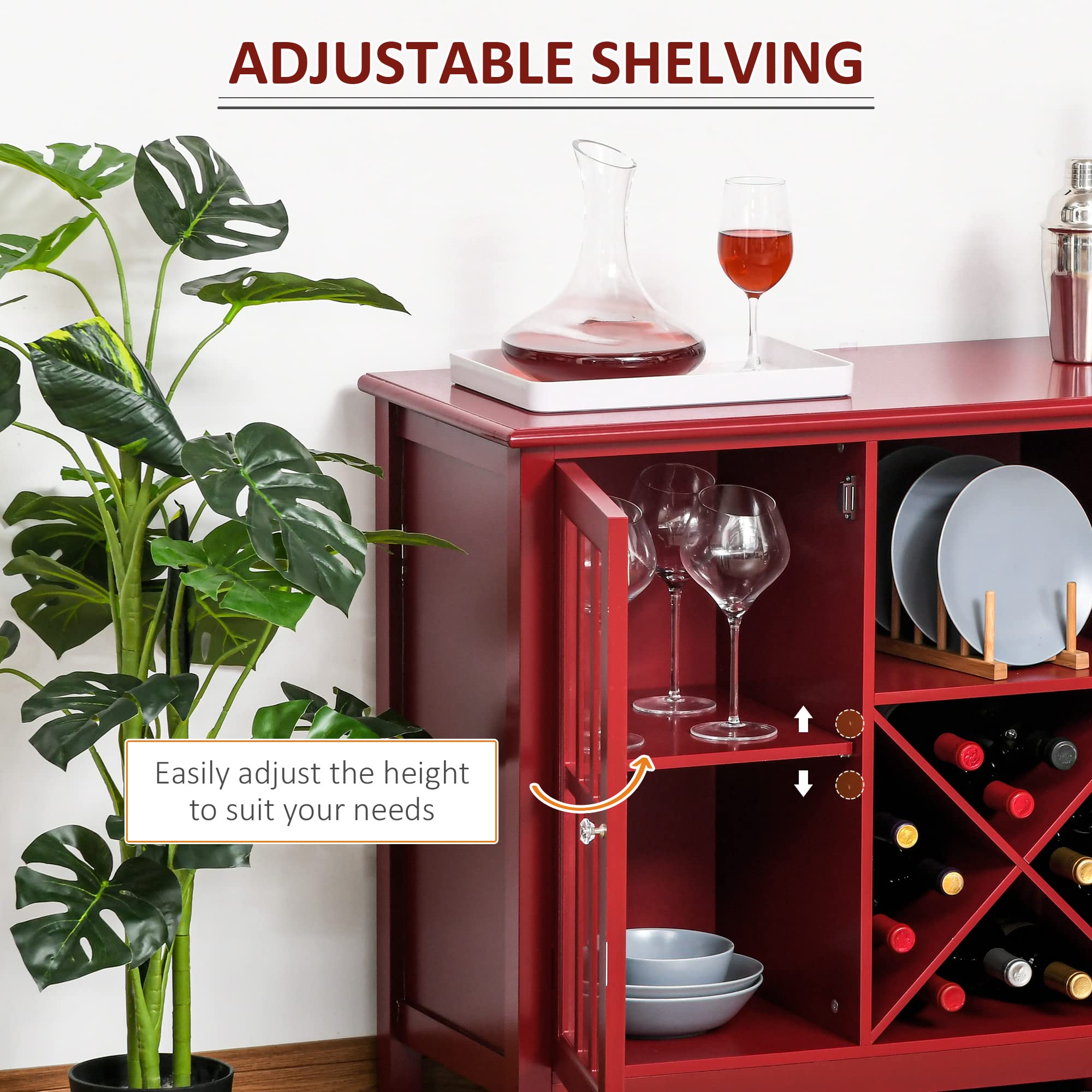 HOMCOM Sideboard, Glass Door Serving Buffet Cabinet, Liquor Cabinet with Adjustable Shelves, 12 Bottle Wine Rack for Living Room, Kitchen, Red