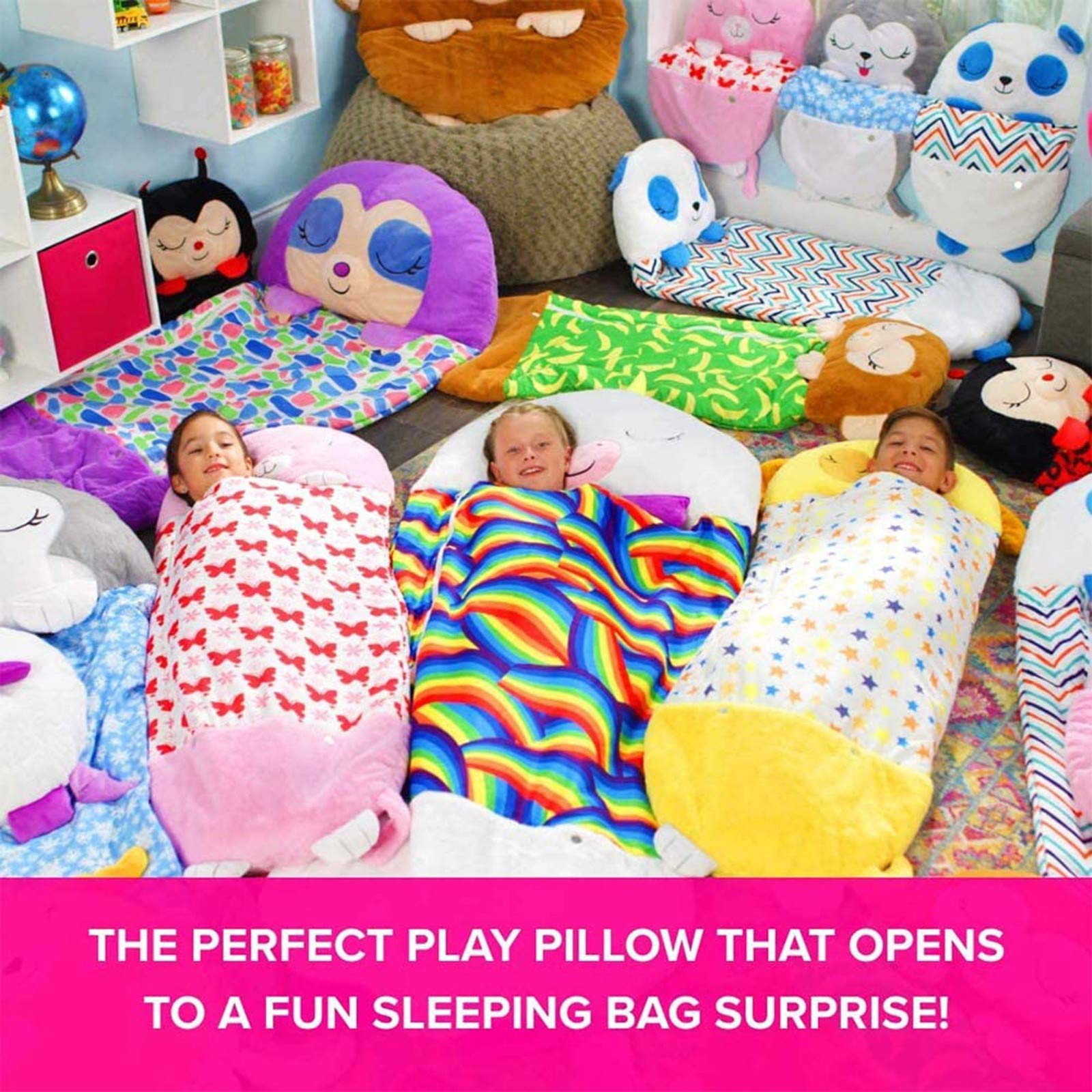 Happy Nаppеrs Sleeping Bag - Multicolor Available Cute Animal Sleeping Bag with Pillow for Kids Boys Girls - Portable & Foldable Soft Warm Sleepy Sack, Fun Comfy Blanket -Medium 55”x20” (Pink 1)