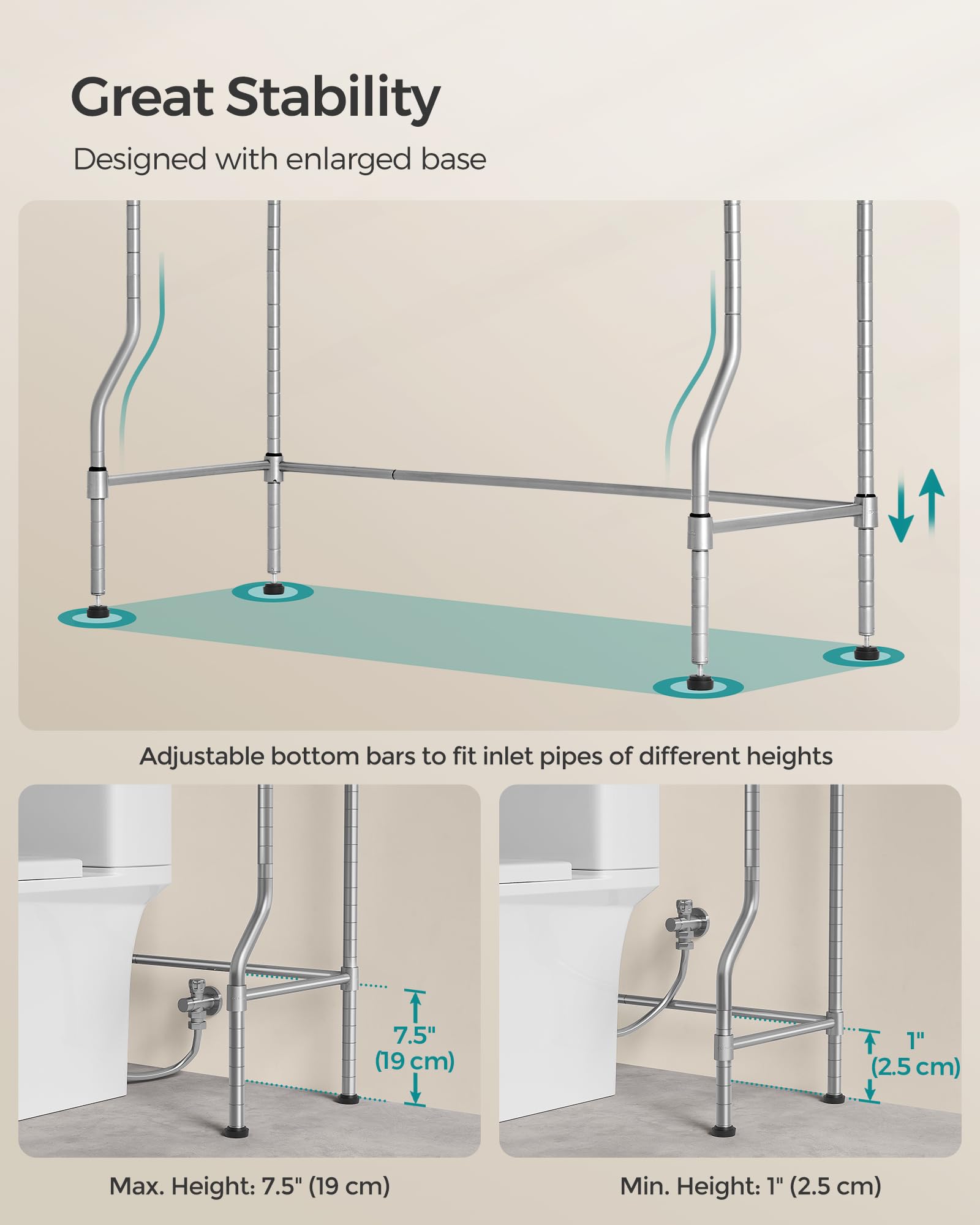 SONGMICS 4 Tier Over The Toilet Storage, Metal Storage Rack, Adjustable Shelves, 4 Hooks, Roll Holder, Space-Saving Bathroom Storage Shelf Organizer, 11.8 x 32.7 x 69.3 Inches, Silver Gray UBTS023G01