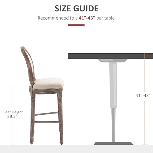 HOMCOM Solid Wood Bar Stools Set of 2, French Country Barstools, Bar Height Chairs with Upholstered Seating and Footrest, 29.5" Seat Height, Beige