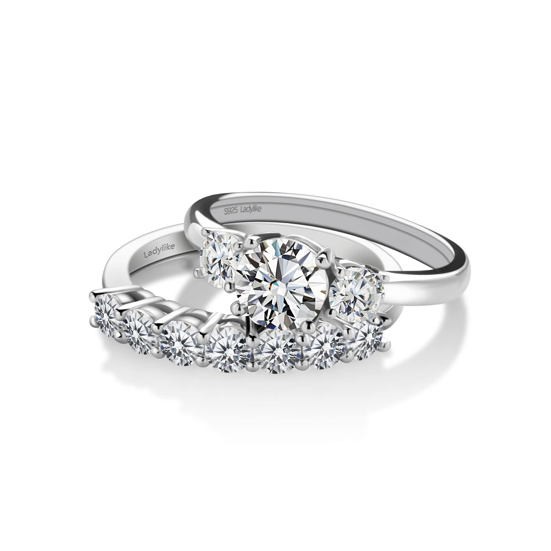 Ladylike Moissanite 3 Stone Engagement Rings 1.6 Carats and 7 Stone Wedding Band 0.7ct D Color VVS1 Simulation Diamond Ring (size 8.5)