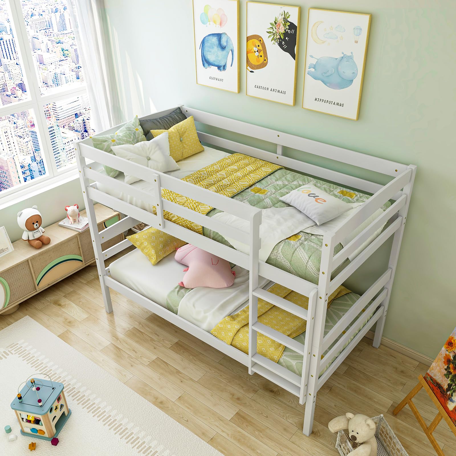 Giantex Bunk Bed Twin Over Twin, Solid Wood Detachable Bed Frame with High Guardrails & Integrated Ladder, Wooden Slatted Bunk Bed for Kids & Teens, No Box Spring Needed, White