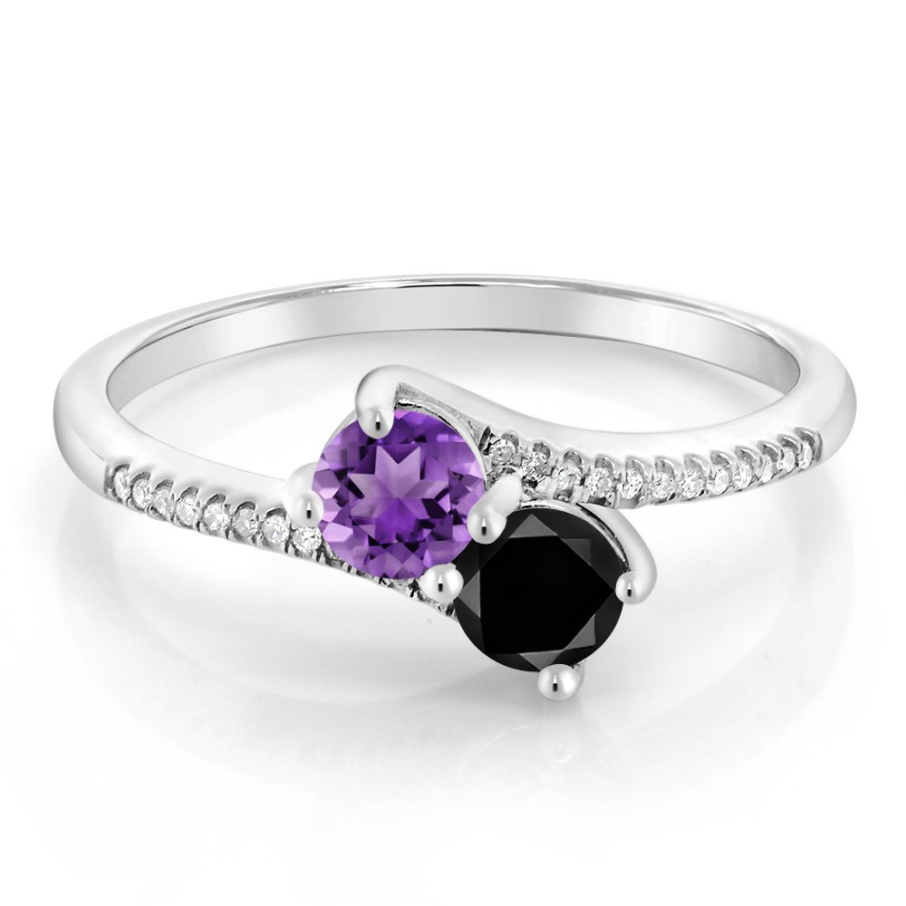 Gem Stone King 10K White Gold Forever United 2 Stone Purple Amethyst and Black and White Diamond Engagement Ring For Women (0.68 Cttw, Round, Avaiable in Size 5,6,7,8,9)
