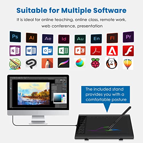 XOPPOX Graphics Drawing Tablet 10 x 6 Inch Large Active Area with 8192 Levels Battery-Free Pen and 12 Hot Keys, Compatible with PC/Mac/Android OS for Painting, Design & Online Teaching