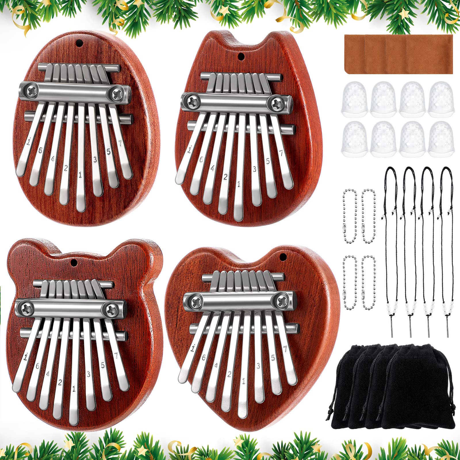 Konohan 24 Pcs 8 Keys Mini Kalimba Piano Set, Include 4 Mini Exquisite Finger Thumb Piano 4 Lanyard 4 Chains 8 Finger Protector 4 Cleaning Cloth for Kids Adults Beginners Gift (Cute Style)