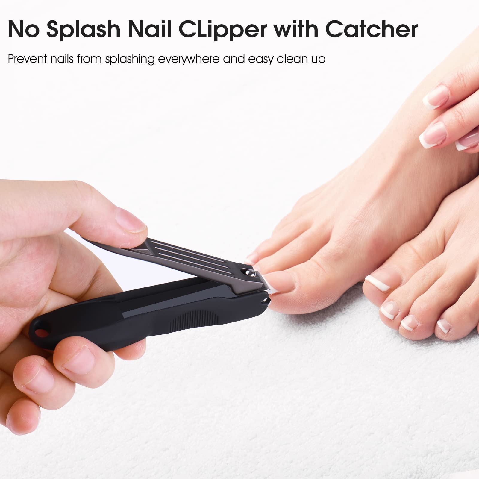 GLAMFIELDS Nail Clippers with No Splash Storage Box, Large Fingernail Toenail Clipper Detachable Easy Clean Nail Cutter Trimmer with Nail Files for Men & Women, Leather Case Packed(Black -1Pack)