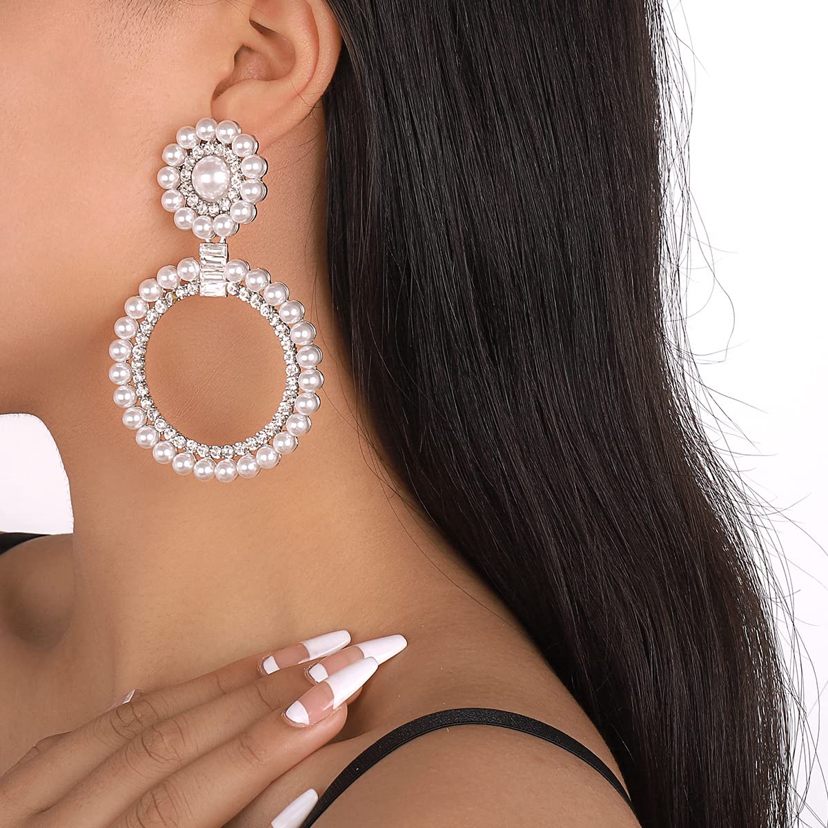 Jumwrit Pearl Hoop Earrings Big Circle Dangle Drop Earrings Rhinestone Round Stud Earrings Statement Pearl Earrings for Women Girls(Silver)
