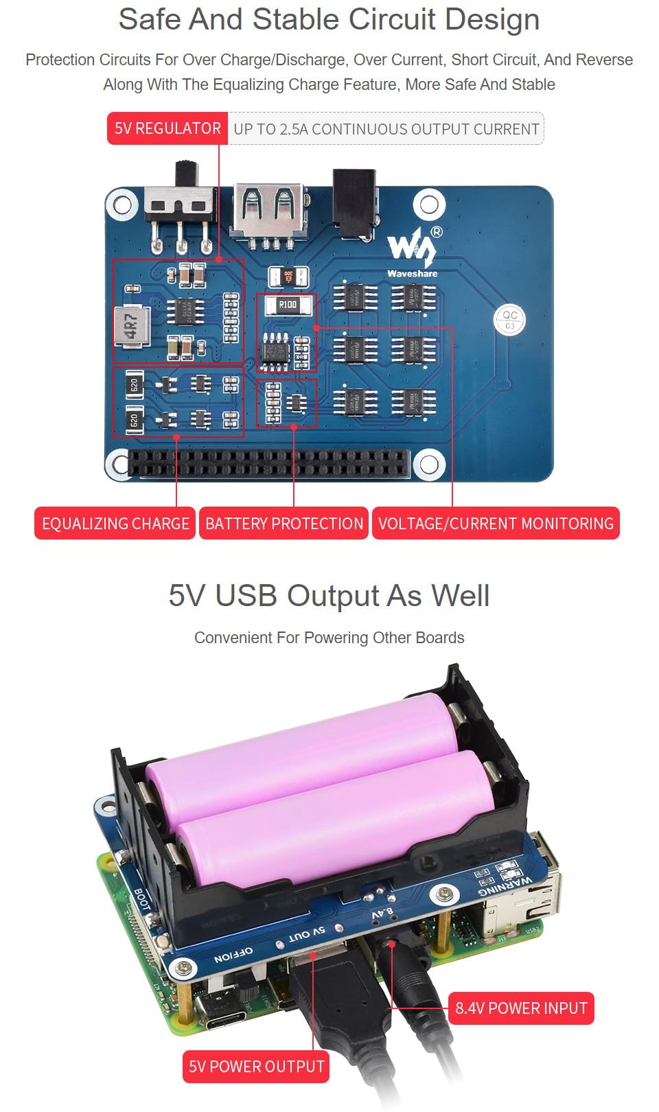 Waveshare UPS HAT for Raspberry Pi, 5V Uninterruptible Power Supply Charge and Power Output at The Same Time