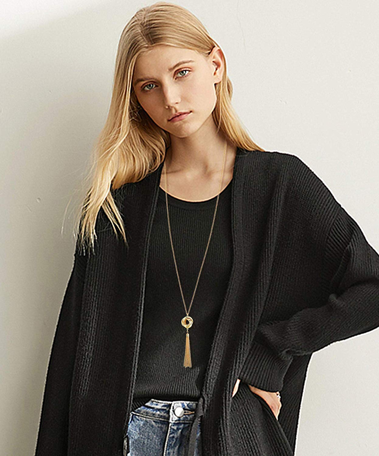 Gexo 3PCS Long Pendant Necklaces for Women Disk Circle Pendant Triple Stack Pendant Necklace Tassel Sweater Necklace Statement Necklace Set