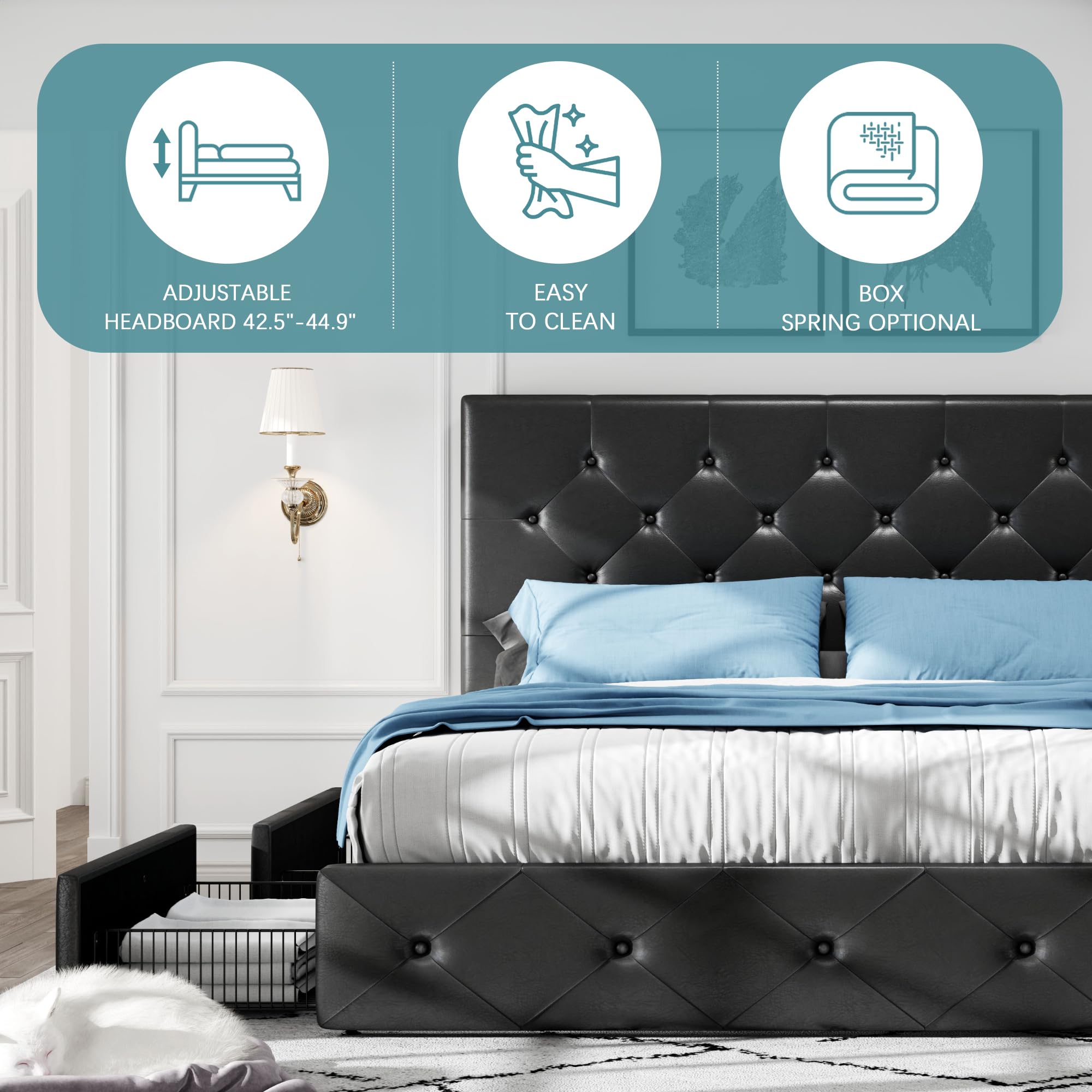 HOOMIC Platform Bed Frame with 4 Storage Drawers and Adjustable Headboard, Diamond Stitched Button Tufted Faux Leather Upholstered Mattress Foundation, No Need for Box Spring, Queen Size, Black-Brown