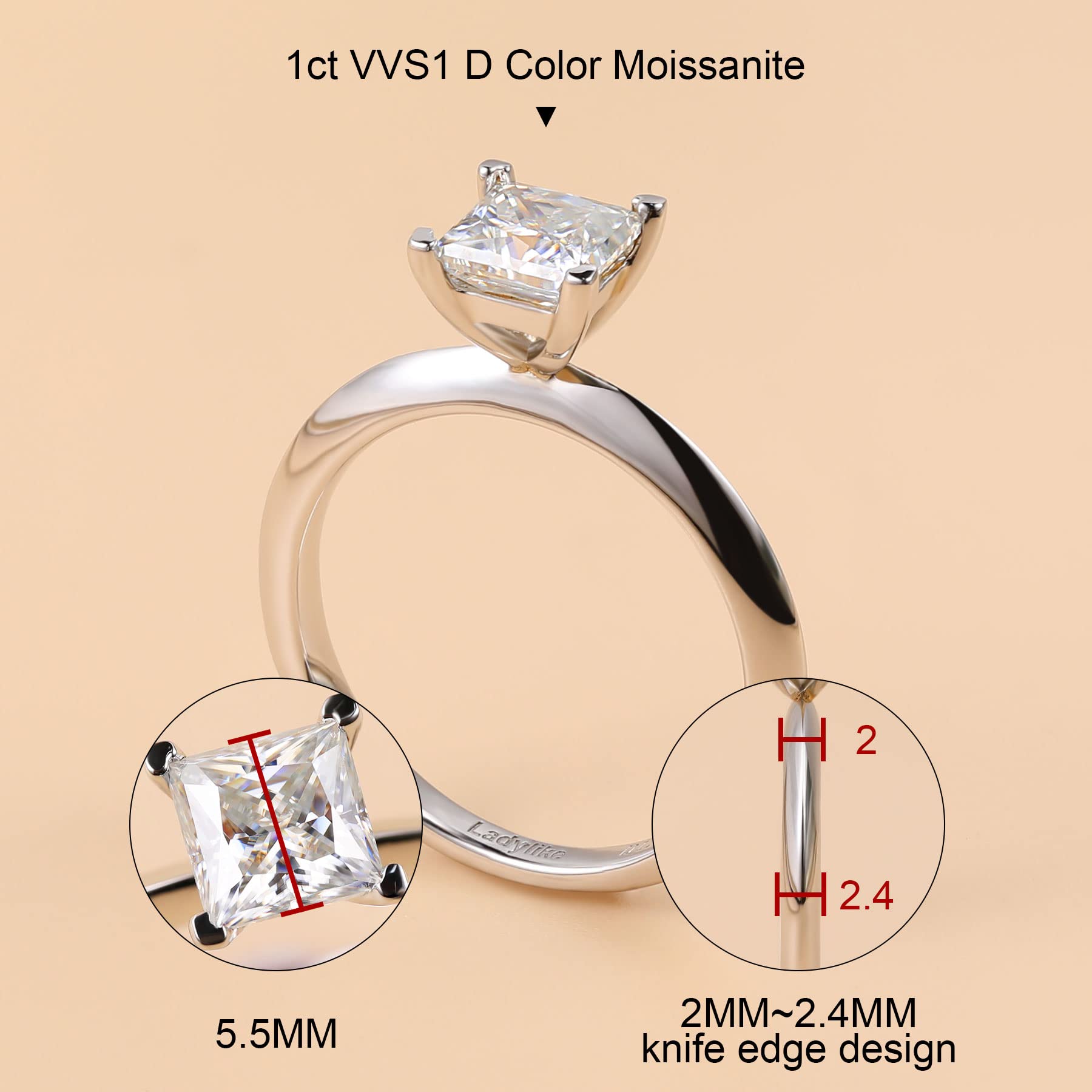 Ladylike Princess Cut Moissanite Engagement Ring for Women, 1ct Sterling Silver Solitaire Engagement Ring, 18K White Gold Plated D Color VVS1 Lab Created Diamond Rings, Size 7