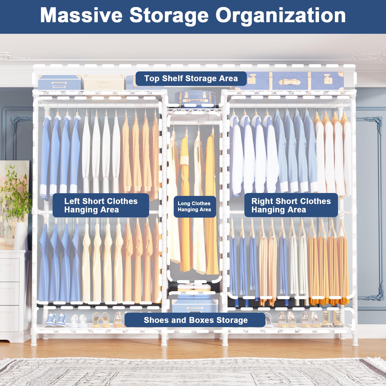 Ulif E12 Clothes Rack，Heavy Duty Freestanding Garment Rack with Shelves，Metal Clothing Closet Storage System for Hanging Clothes，71" W x 16" D x 76.5" H, Hold 960 lbs，Black