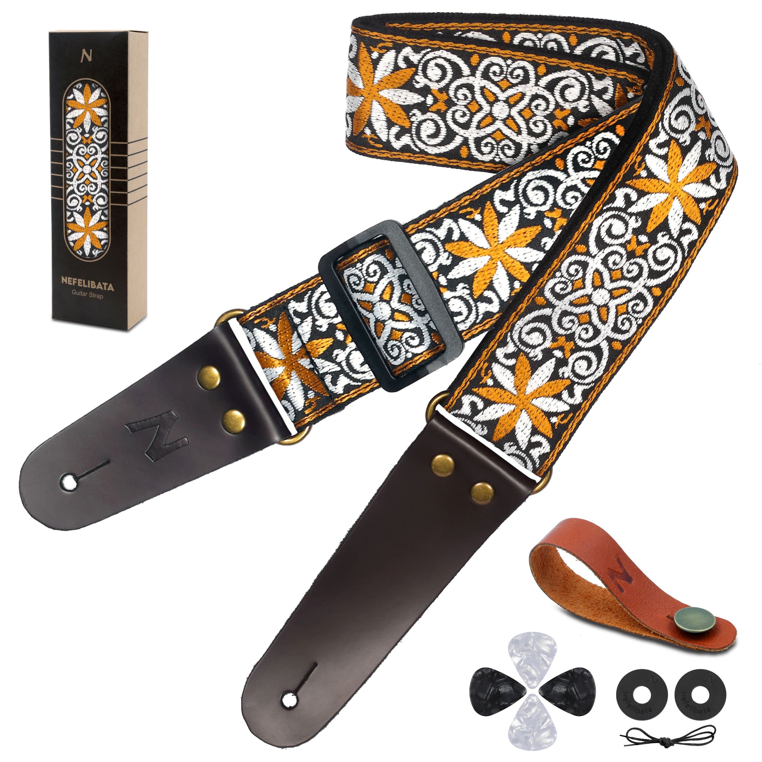 Guitar Strap, Vintage Embroidered Cotton Guitar Straps with Genuine Leather Ends for Bass, Electric & Acoustic Guitars, Come with Free Strap Button, 1 Pair Strap Lock and 4 Guitar Pick (Yellow Flower)
