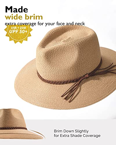 FURTALK Sun Hats for Women Summer Wide Brim UV UPF 50+ Panama Fedora Foldable Packable Straw Beach Hat Khaki