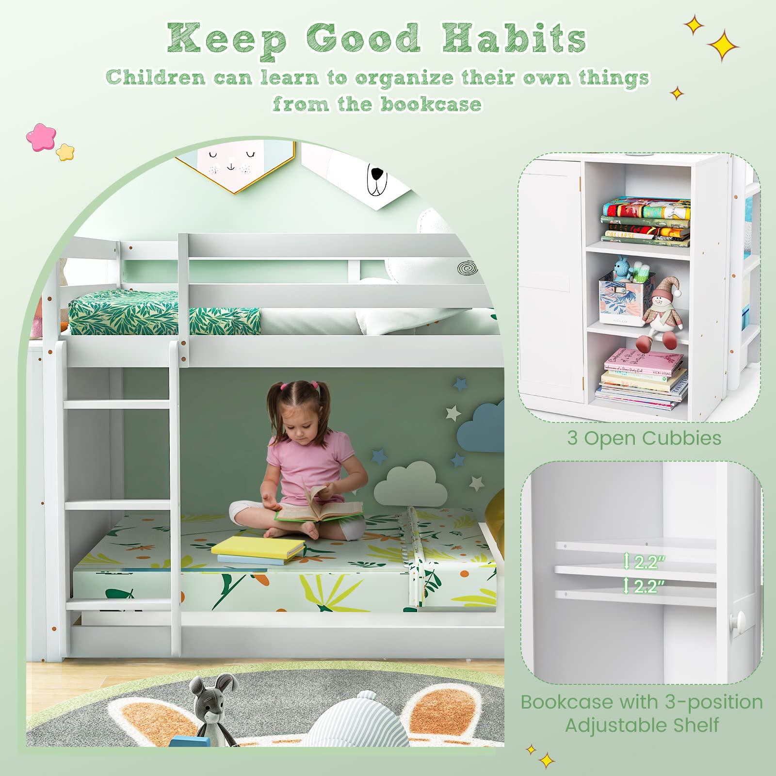 Giantex Twin Over Twin Bunk Bed with Storage Shelves, Solid Wood Bunk Bed Frame with Convertible Bookcase & Ladder, Floor Low Bunk Bed with High Guardrails for Kids Teens, No Box Spring Needed, White