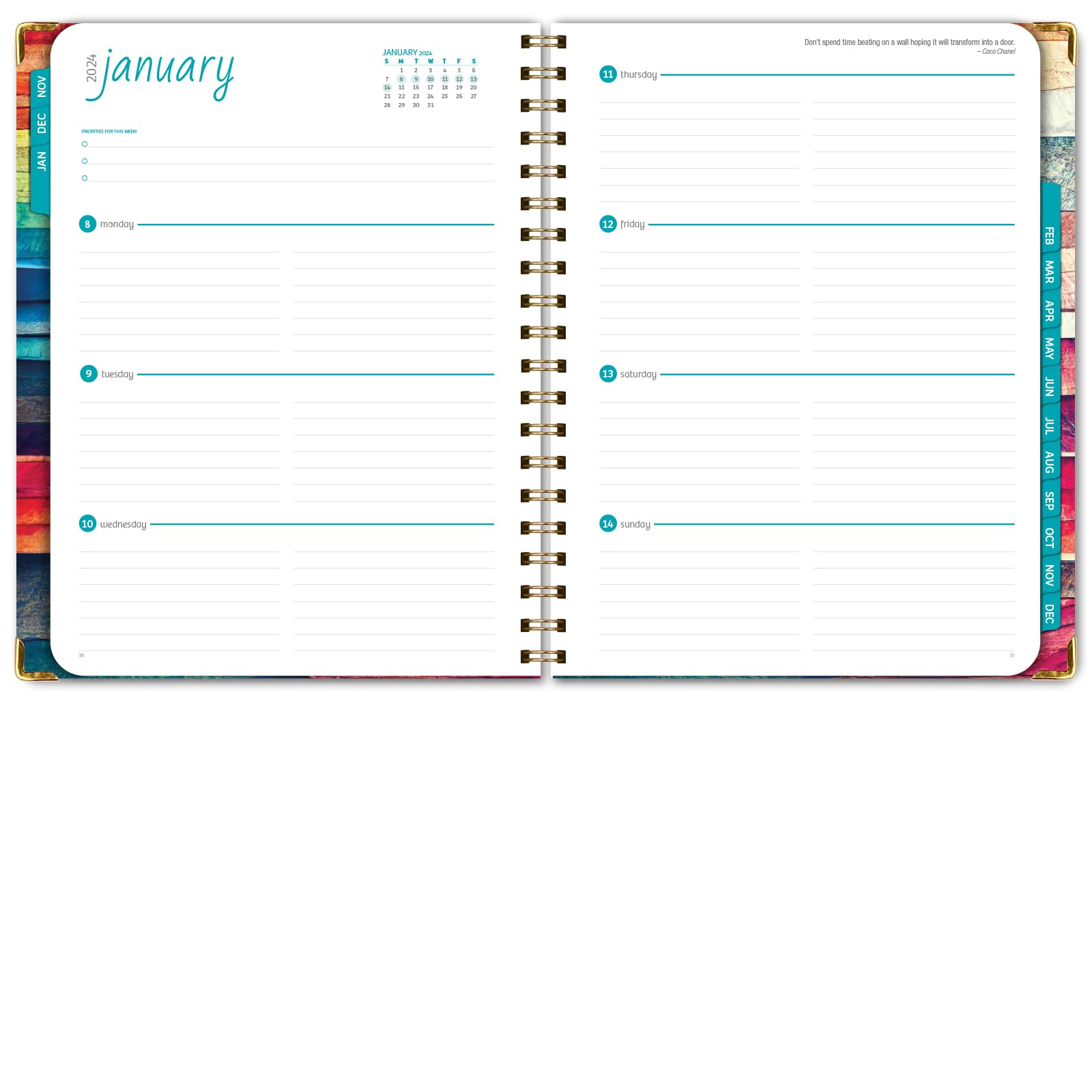 Global Printed Products, HARDCOVER 2024 Planner: (November 2023 Through December 2024) 8.5"x11" Daily Weekly Monthly Planner Yearly Agenda Bookmark, Pocket Folder & Sticky Note Set (Rainbow Oak)