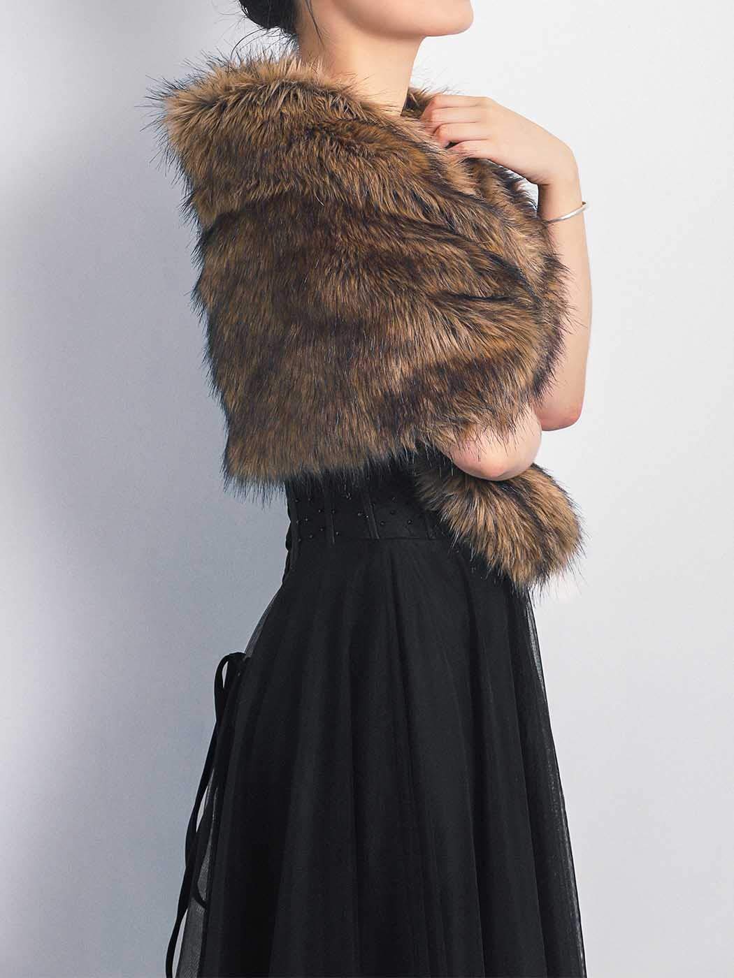 GORAIS Women's Wedding Faux Fur Shawls and Wraps Bridal Fur Scarf Stoles with Brooch for Bride and Bridesmaids (US 4-14(S-M), A Brown)