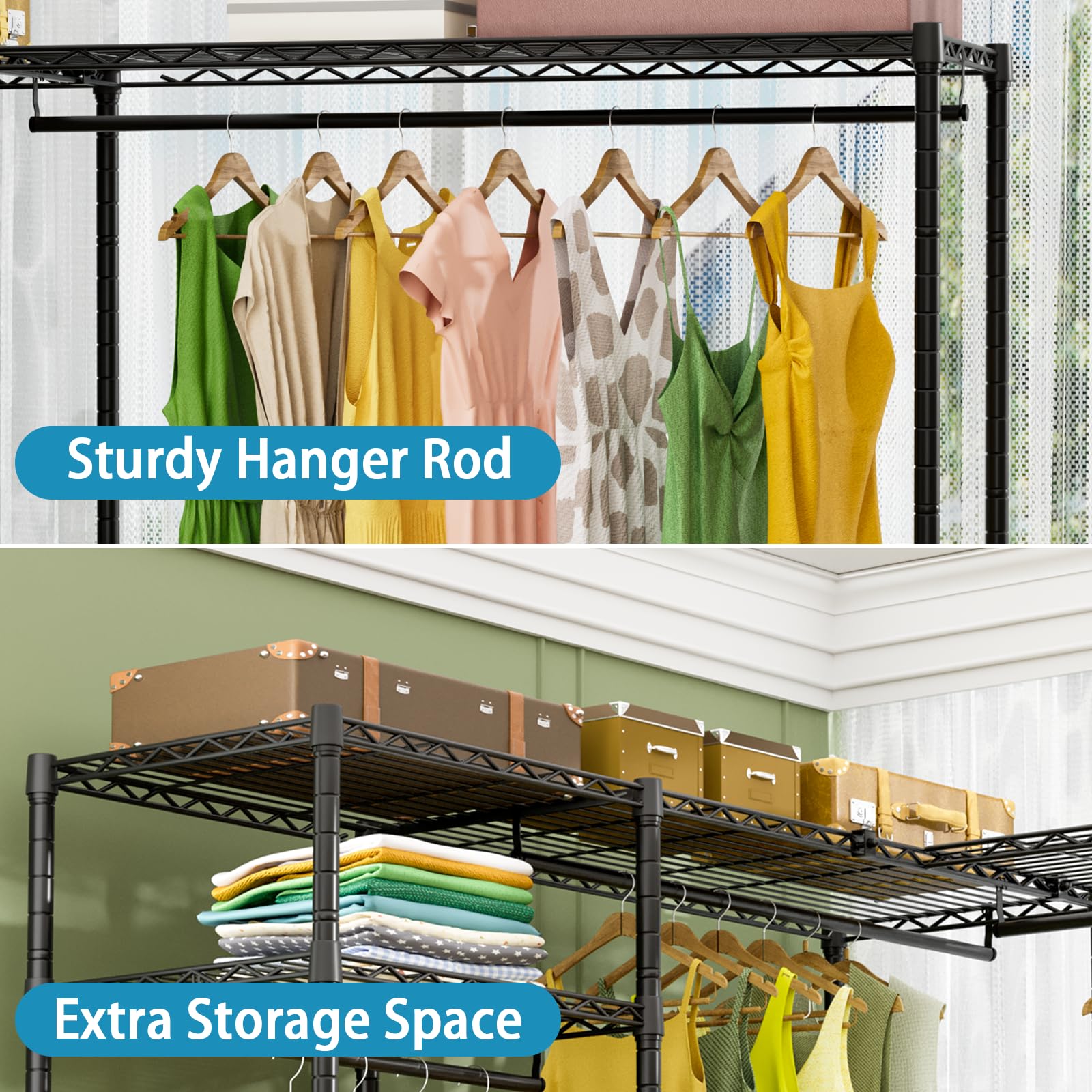 Ulif L2 L-shaped Clothes Rack, Freestanding Heavy-Duty Garment Rack with 6 Wire Shelves and 4 Hanger Rods, Portable Wardrobe Closet - 44" W x 43.3" L x 77.5" H, Max Load 802 LBS, Black