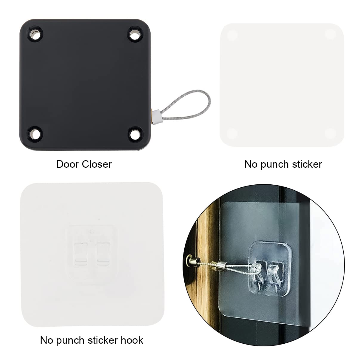 HOJLKLD Punch-Free Automatic Sensor Door Closer, 2 Pack 1000G Power Multifunctional Door Closer with Steel Drawstring for Residential Commercial Doors (Black)