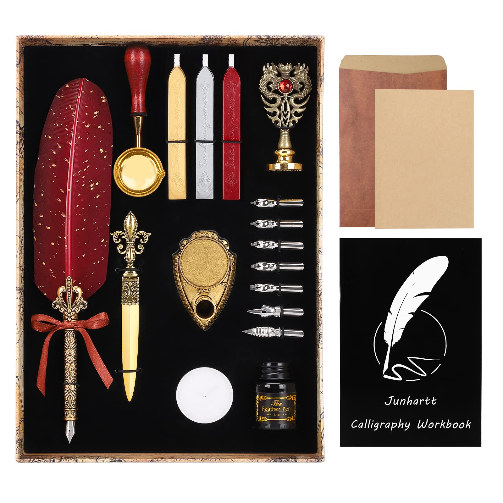 Junhartt Quill Feather Pen and Ink Set - Calligraphy Pen Set with Workbook and Wax Seal Stamp Kit (Red)