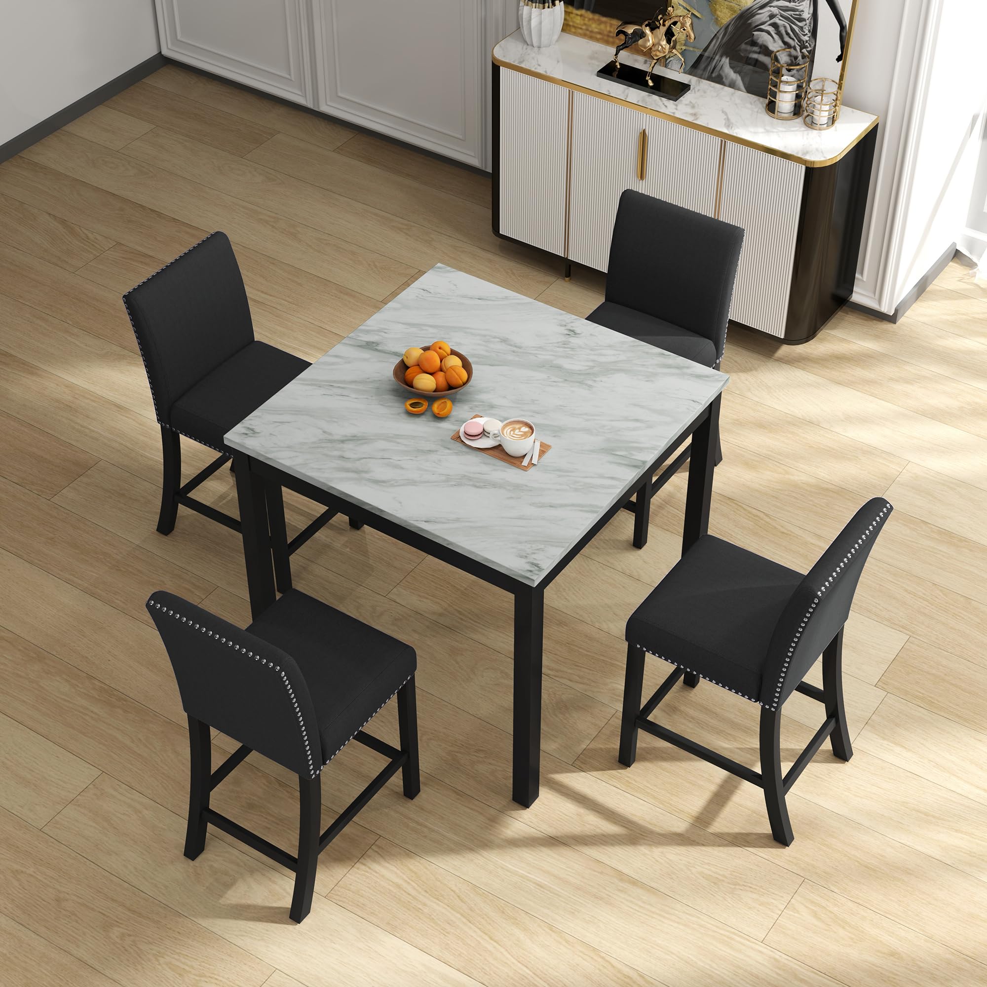 Harper & Bright Designs 5-Piece Counter Height Dining Table Set,Kitchen Table Set with One Faux Marble Dining Table and 4 Upholstered-Seat Chairs for Kitchen and Living Room Furniture,Gray