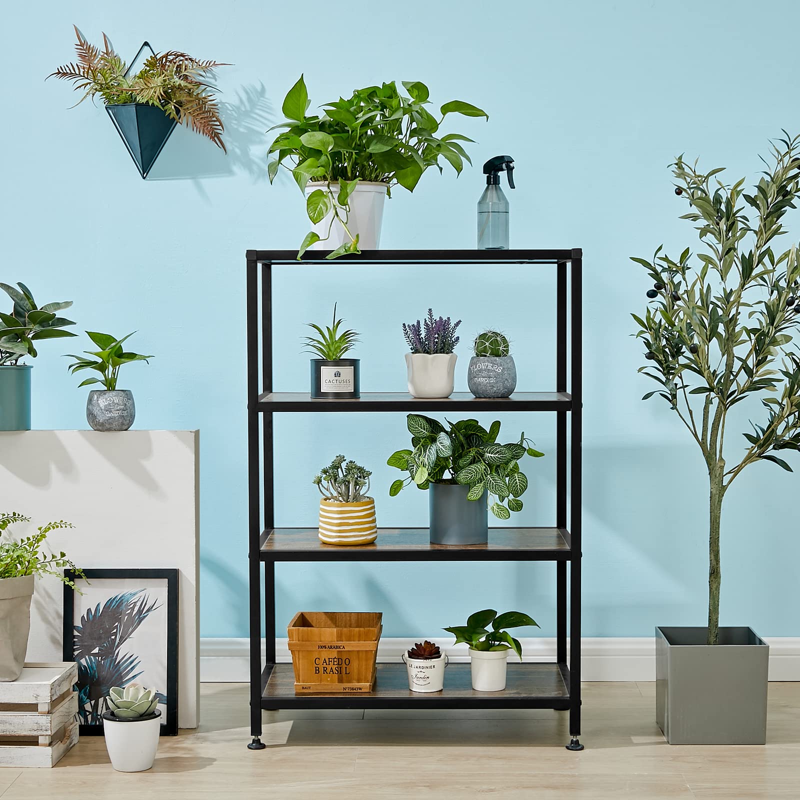 GreenForest Industrial Bookshelf 4 Tier Rustic Bookcase Metal Frame for Home and Office, Walnut