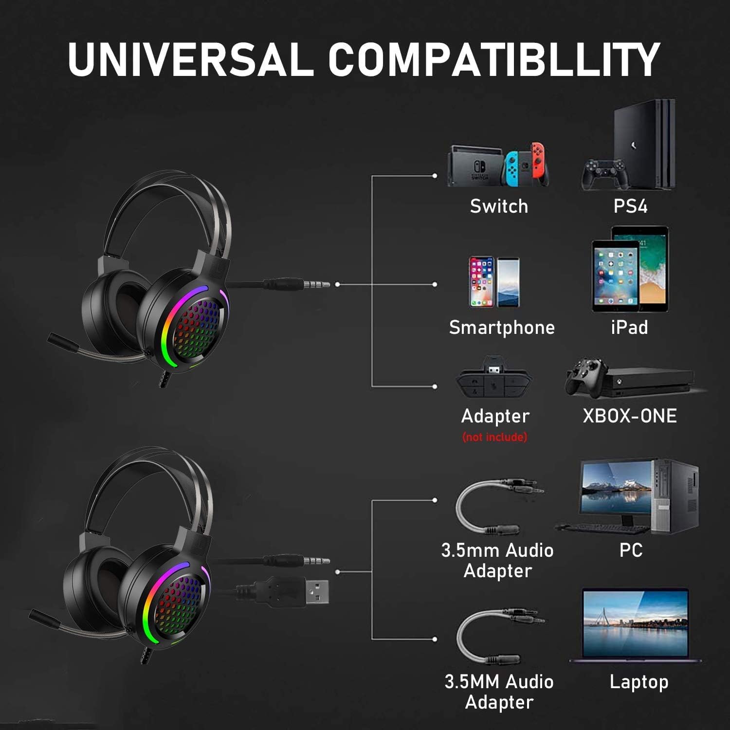 Gaming Keyboard and Mouse Headset and Mouse pad,Wired LED Rainbow Backlight Bundle PC Accessories Headphones for Gamers and Xbox and PS4 PS5 Nintendo Switch Users-4in1 Gaming Set