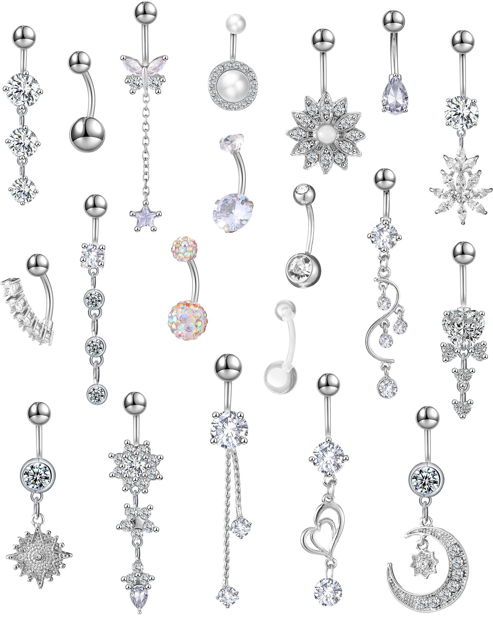 Junkin 20 PCS 14G 316L Stainless Steel Dangle Belly Button Rings Silver Rhinestone Belly Button Jewelry Navel Piercing Belly Jewelry for Women