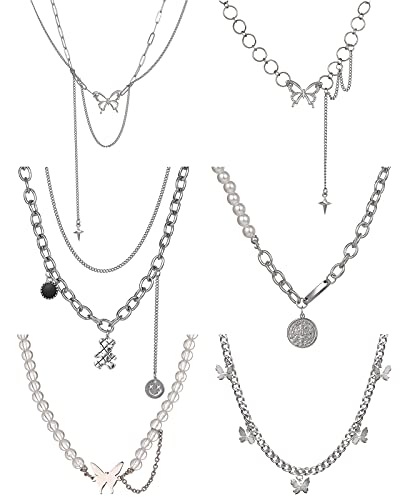IFKM 6 PACK silver necklaces for women men layered adjustable choker chain Multilayer necklace set with butterfly cute pendant for teens girls gift