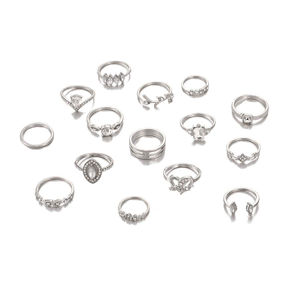 Hsarsup Bohemian Finger Rings Vintage Gold/Silver Crystal Stacking Ring Joint Knuckle Ring Set for Women Girl (Silver4)