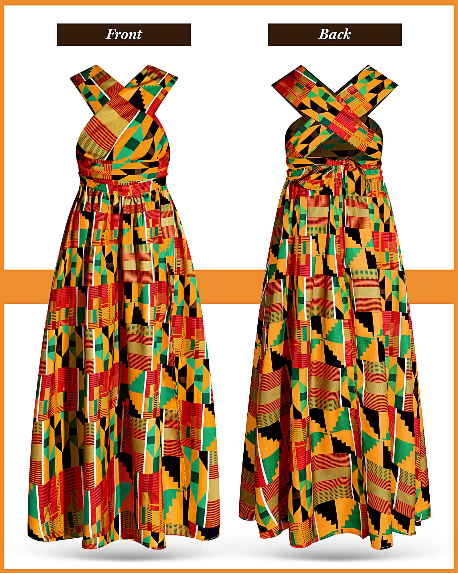 Haysandy 3 Pcs Women African Ankara Print Traditional Costume Set Long Maxi Dress Headwraps Scarf Drop Dangle Earrings(X-Large)