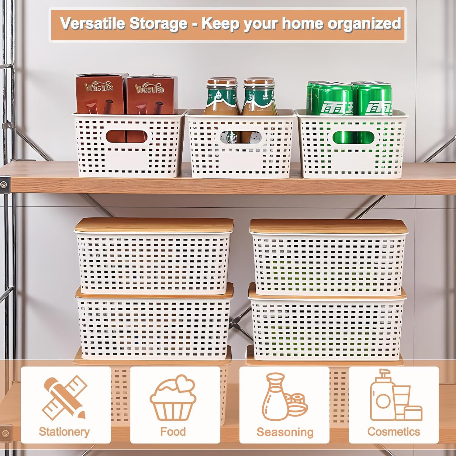 UHAPEER 6 PCS Storage Bins with Bamboo Lids Plastic Baskets Plastic Storage Containers for Organizing Stackable Storage Box with Handle for Shelves Drawers Desktop Closet Classroom Office(White)