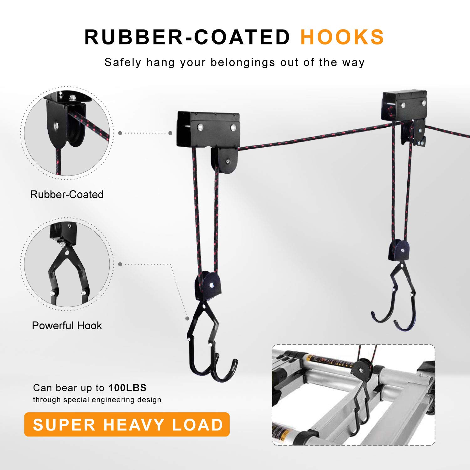HUIMENG 2 Pack Kayak Hoist Bike Ceiling Lift Hoist Hanging 2 Pulley System for Bicycle, Paddleboard, Canoe and Ladder Storage Tool, black