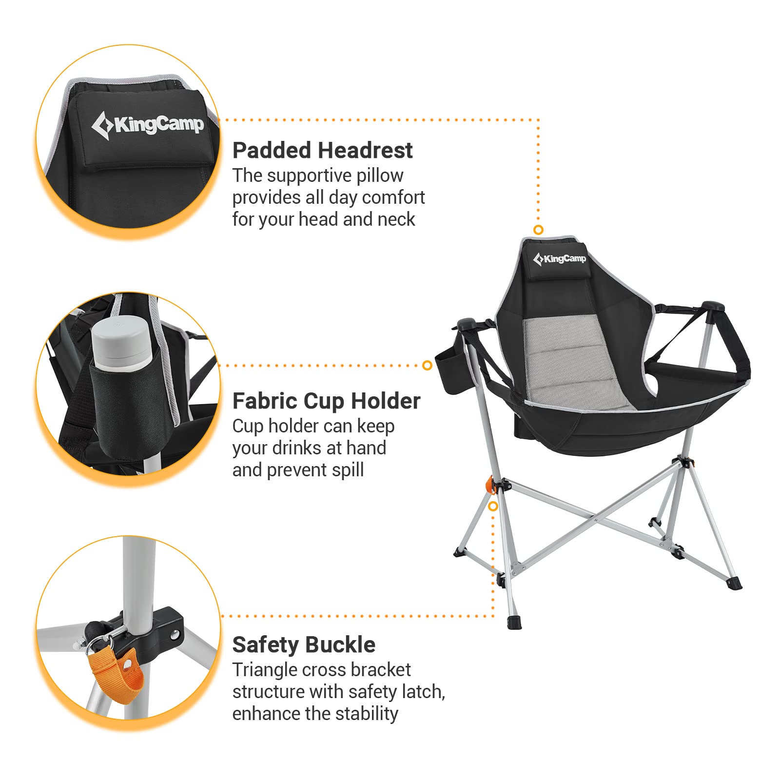 KingCamp Hammock Camping Chair Folding Rocking Chair Heavy Duty Portable Swing Recliner Chair with Pillow for Outdoor Lawn Backyard Picnic, Black